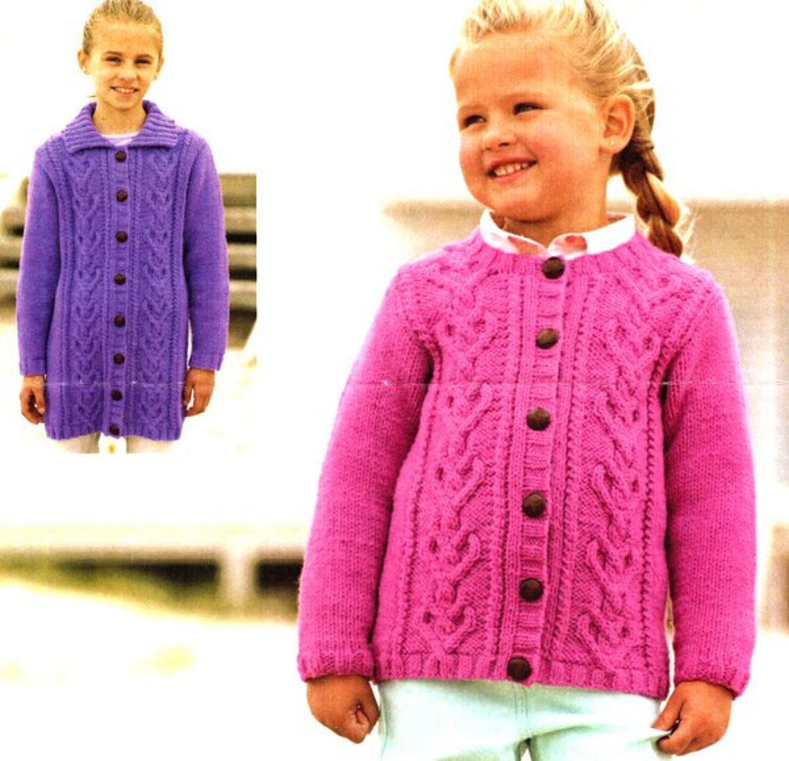 Girls Cable Cardigan Jacket Collar & Round Neck Short or Long Style 22 ...