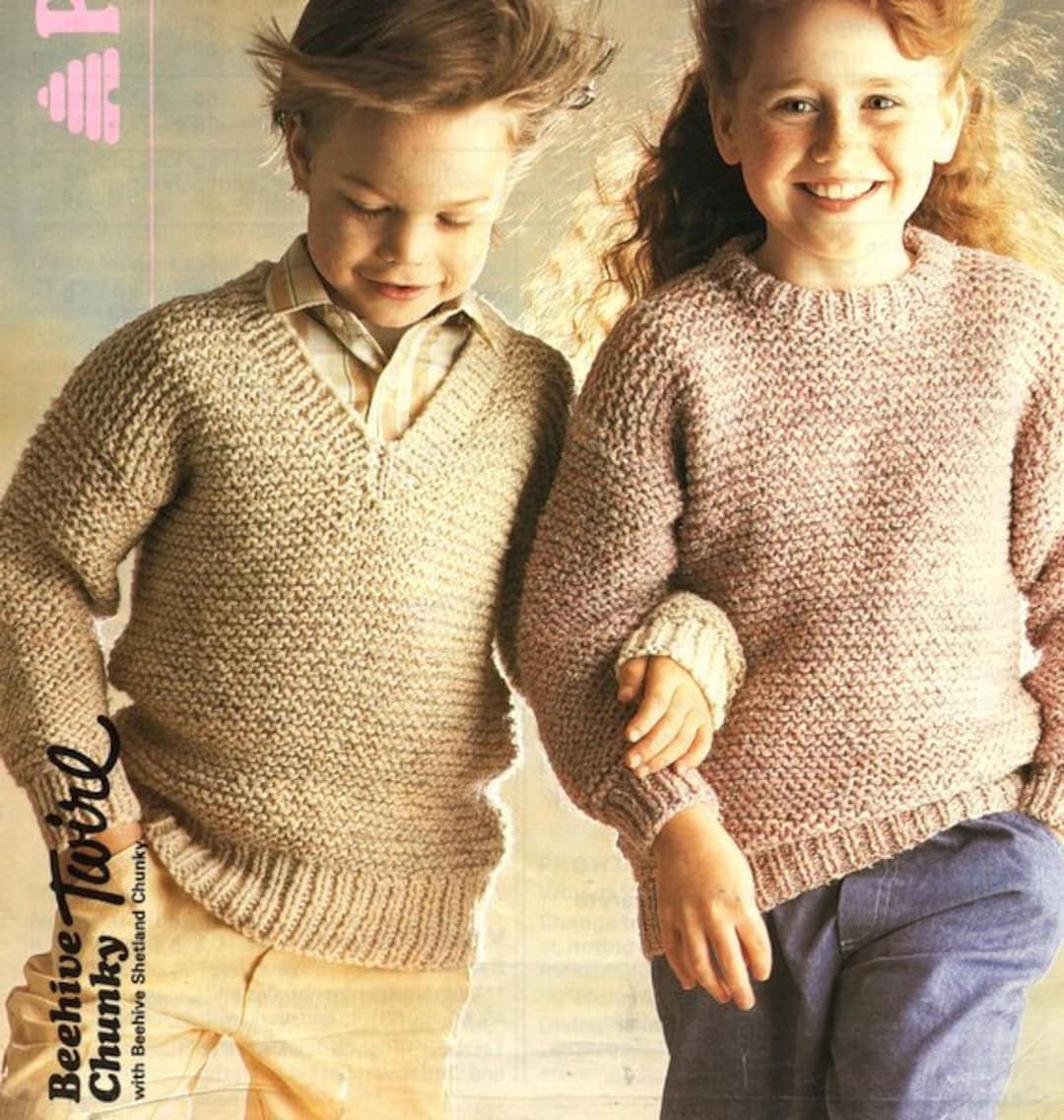 Easy Beginner Boys Girls Round & V Neck Garter Stitch Sweaters Drop ...