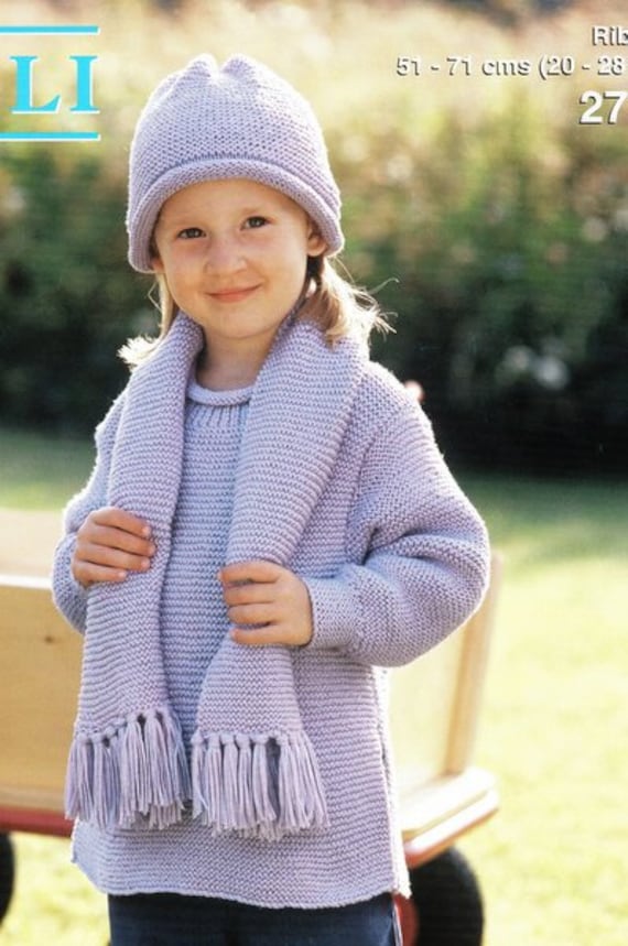 Girls Garter Stitch Tunic Sweater Roll Neck Scarf Hat 20 28 DK Ribbon 8 Ply Light Worsted Knitting Pattern pdf Download