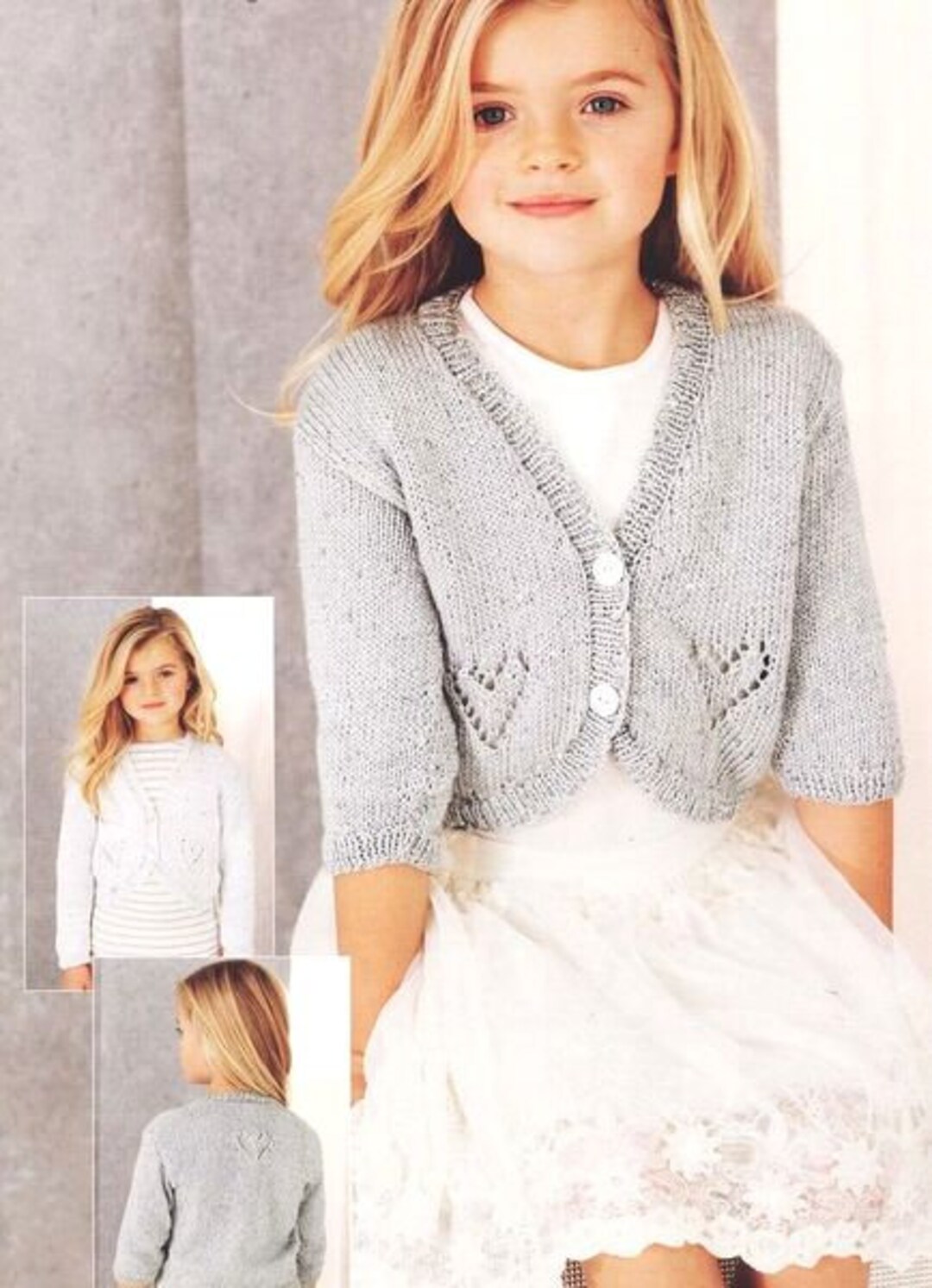 Girls V Neck Cardigan Jacket Heart Eyelet Motif Long or 3/4 Sleeve ...