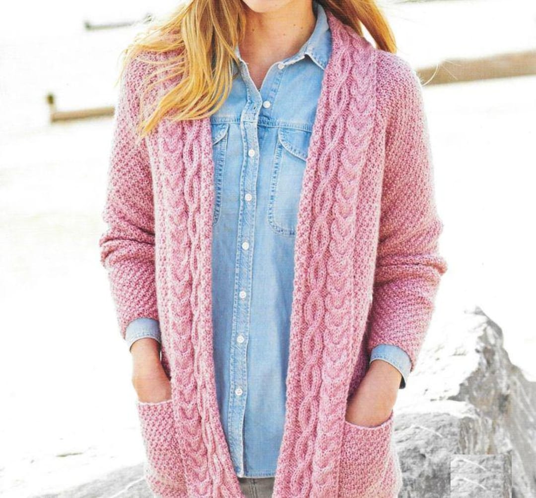 Womans Cable & Moss Stitch Cardigan Long or Short Pockets Larger Sizes ...