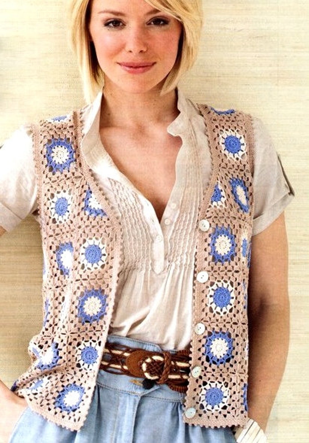 Womens Crochet Squares Vest Waistcoat V Neck Top Slipover 36 48 Crochet ...