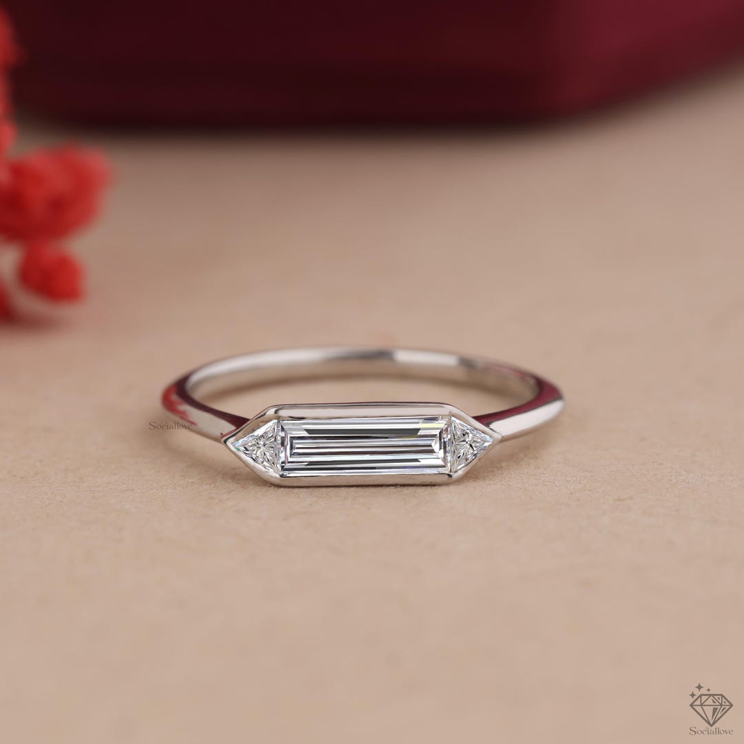 East West Straight Baguette Ring, Moissanite Engagement Ring, 14k Gold ...