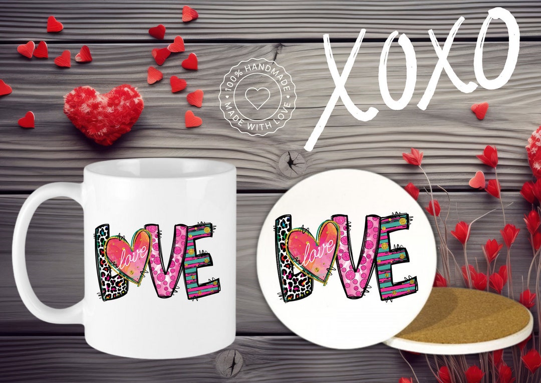 Love Patchwork Word Ceramic Mug and Coaster Valentines Gift Set Ceramic ...