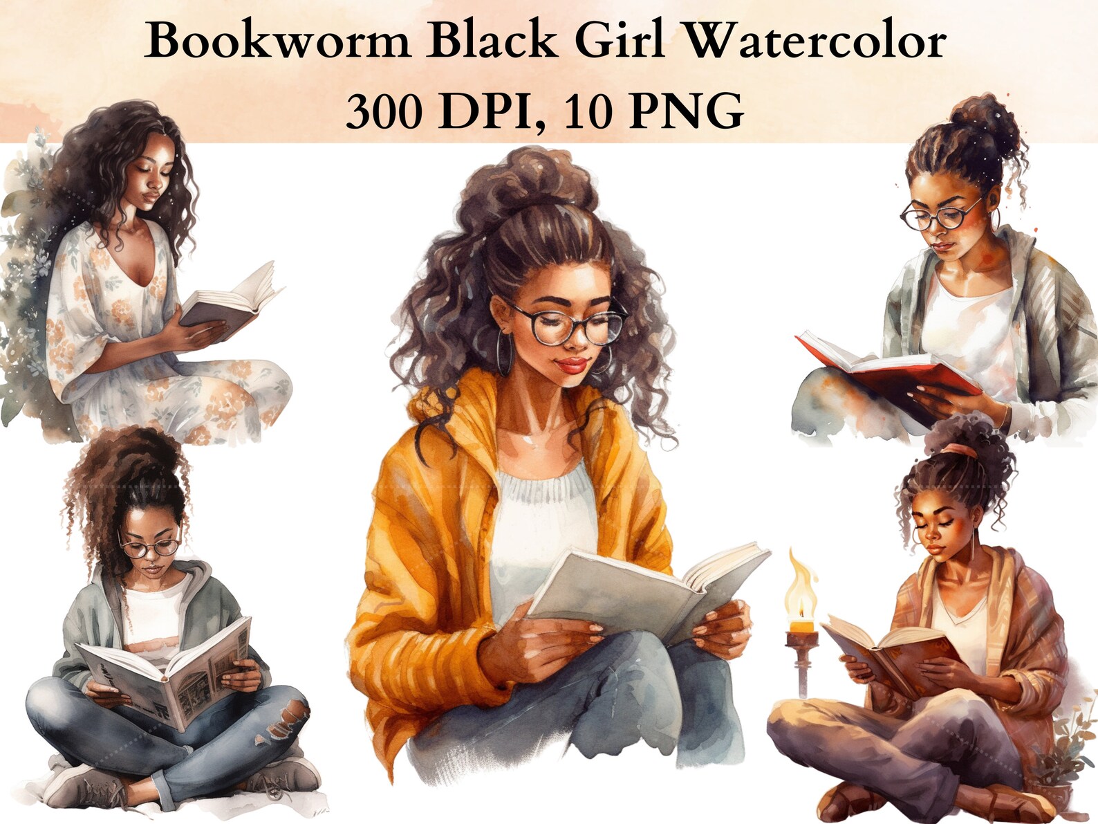 Watercolor Bookworm Black Girl Reading Clipart, Black Girl Studying ...