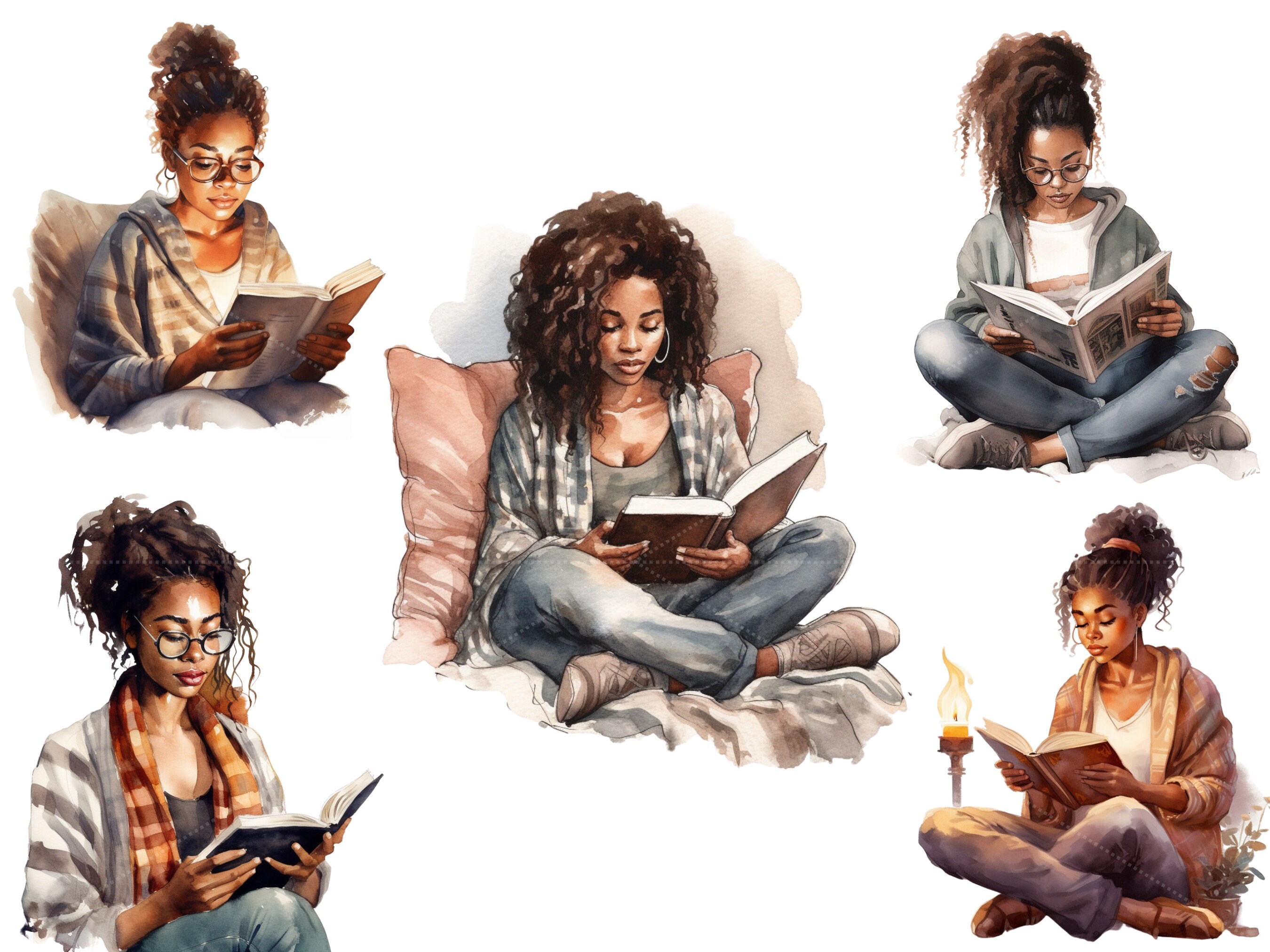 Watercolor Bookworm Black Girl Reading Clipart, Black Girl Studying ...