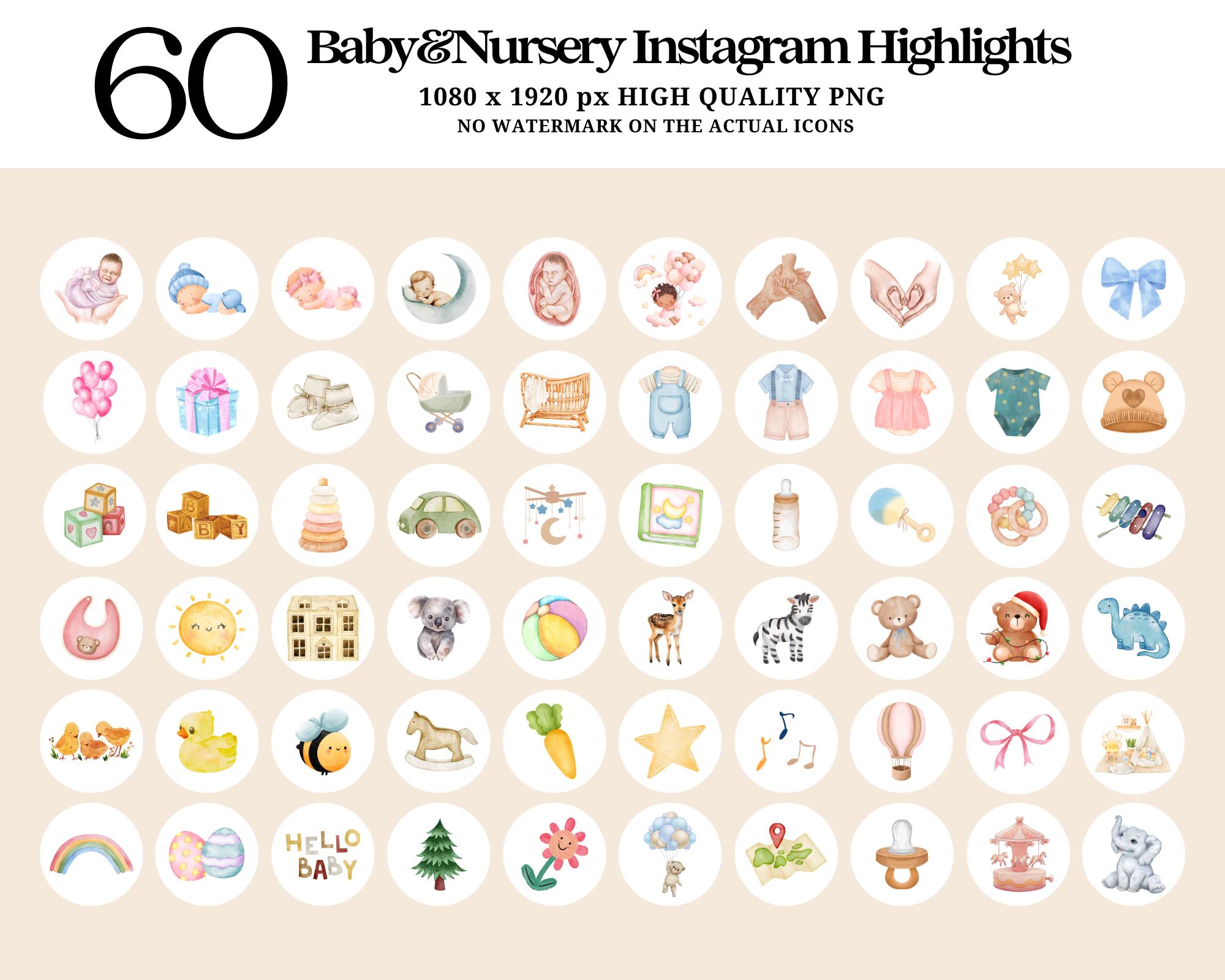 60 Baby Nursery Instagram Highlight Cover, Watercolor Baby Icons for ...