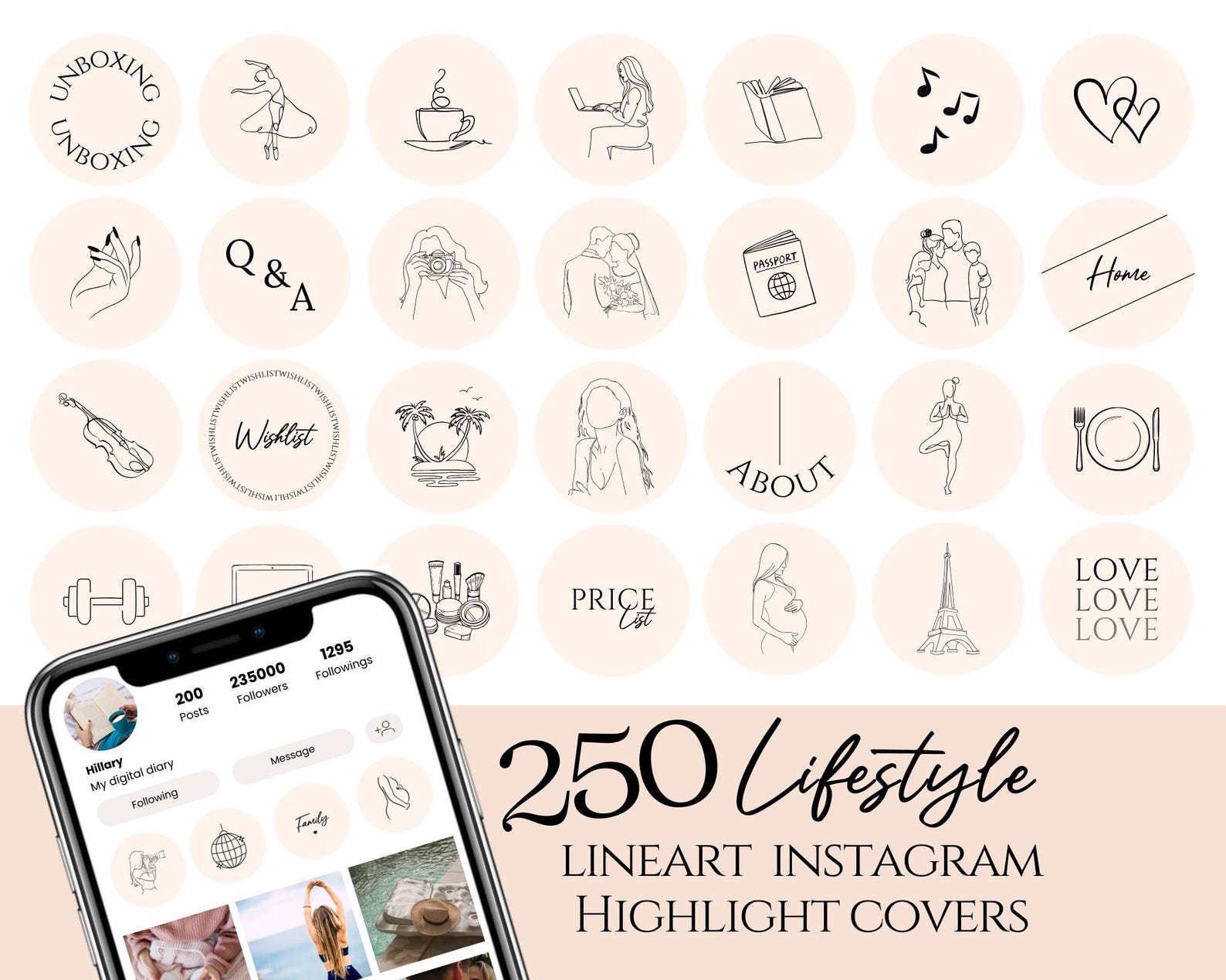 250 Lifestyle Line Art Instagram Highlight Covers, Minimal Instagram ...