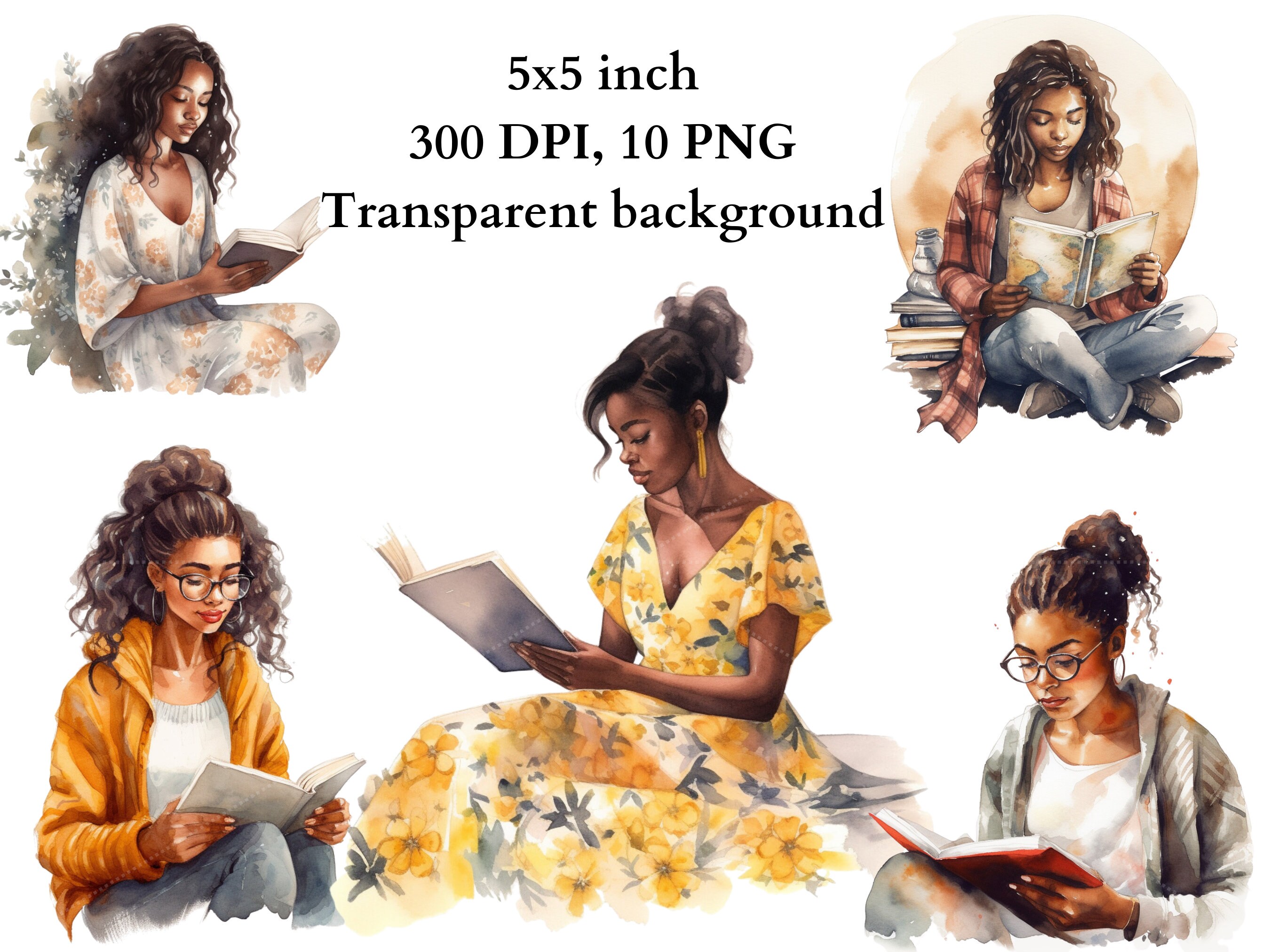 Watercolor Bookworm Black Girl Reading Clipart, Black Girl Studying ...