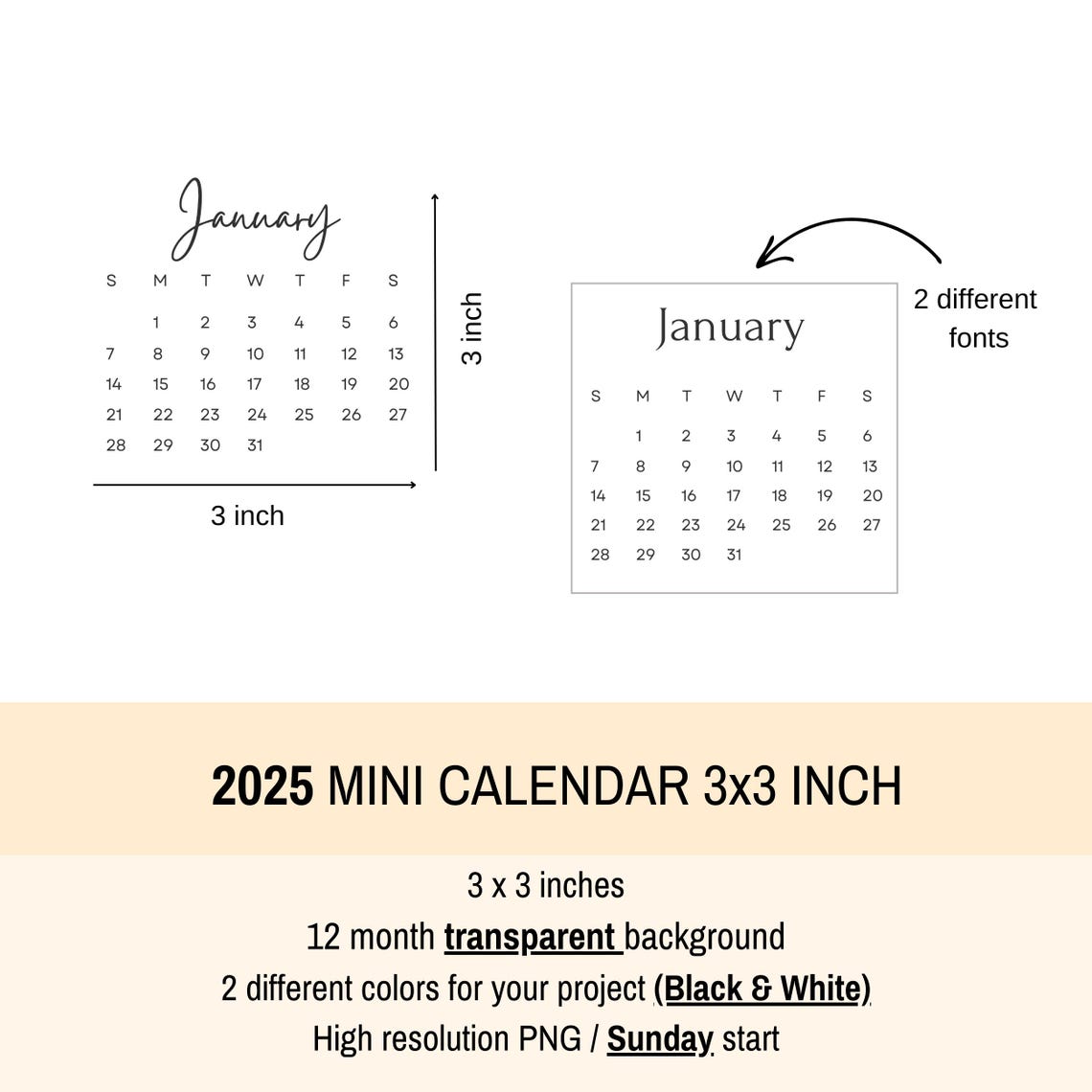 2025 Monthly Mini 3x3 Inch Calendar Printable Transparent Calendar for ...