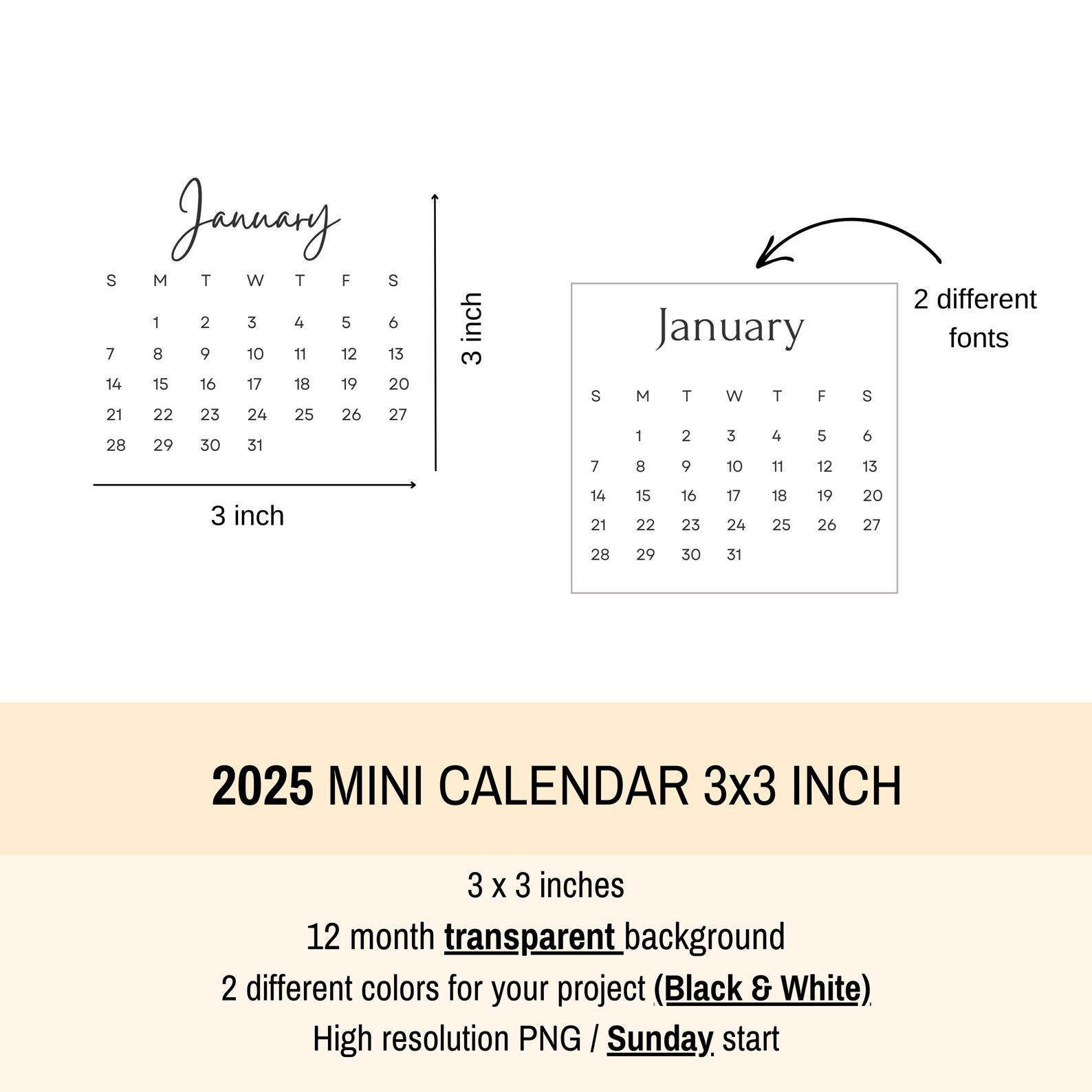2025 Monthly Mini 3x3 Inch Calendar Printable Transparent Calendar for ...
