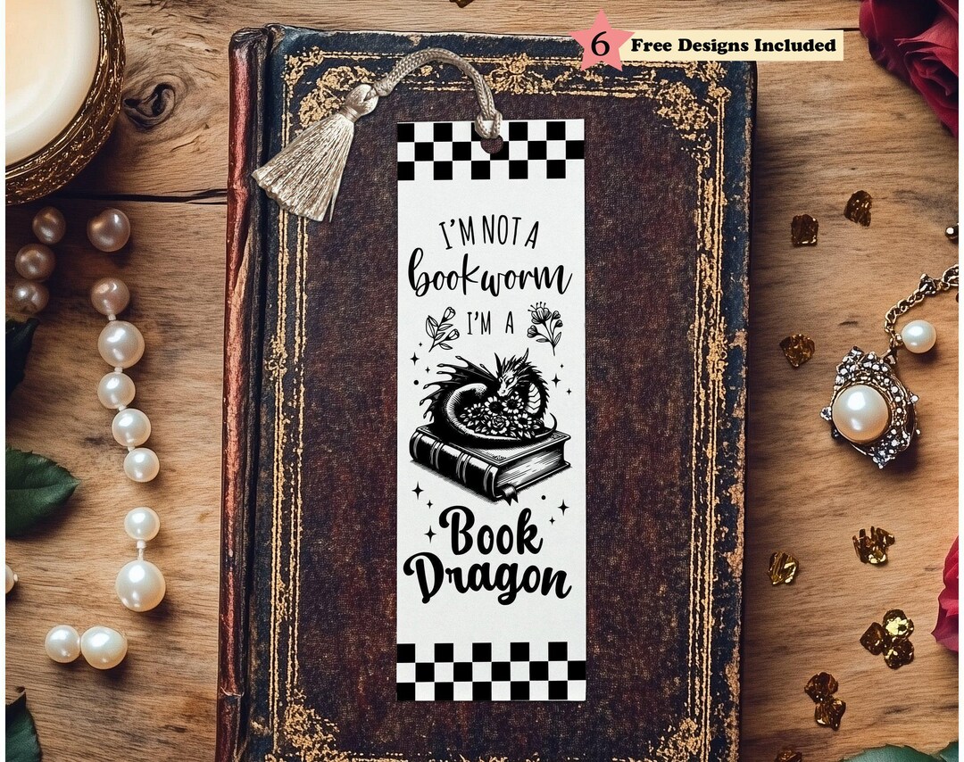 Bookmark SVG PNG, Book Dragon Romantasy, Checkered Pattern Bookish ...