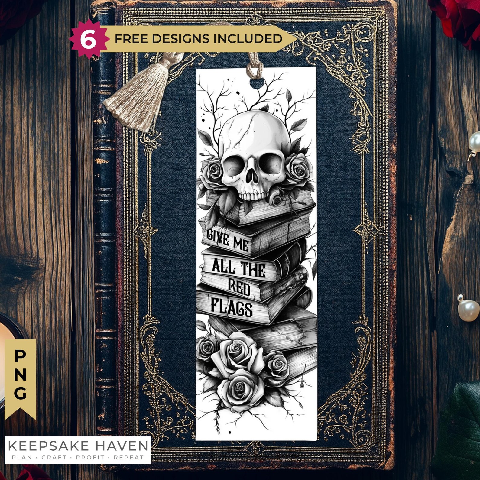 Skull Roses Vintage Bookish Bookmark PNG, Printable Bookmark, Spicy ...