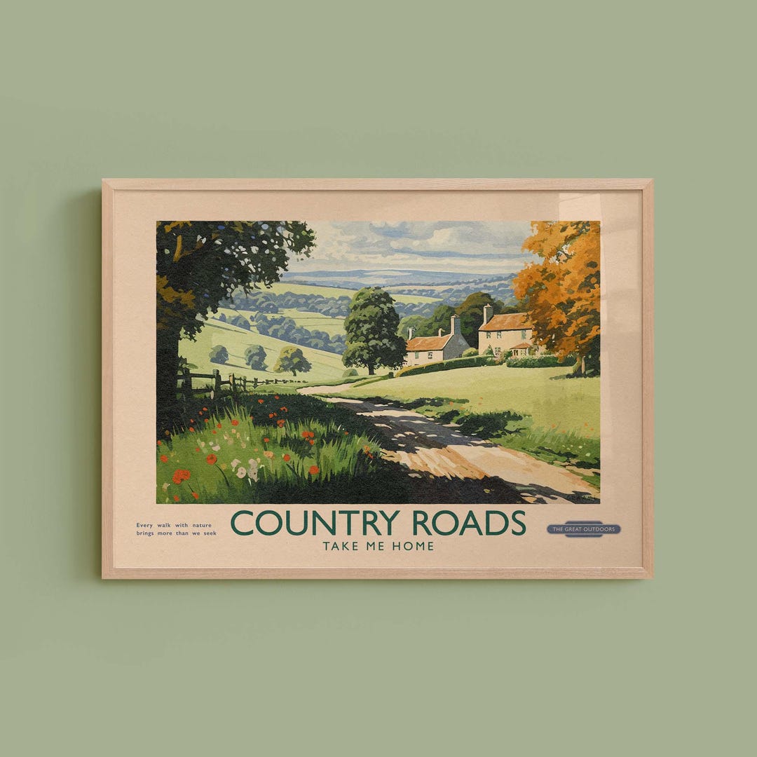 English Countryside Nature Print, Vintage Style Travel Poster, Cottage ...