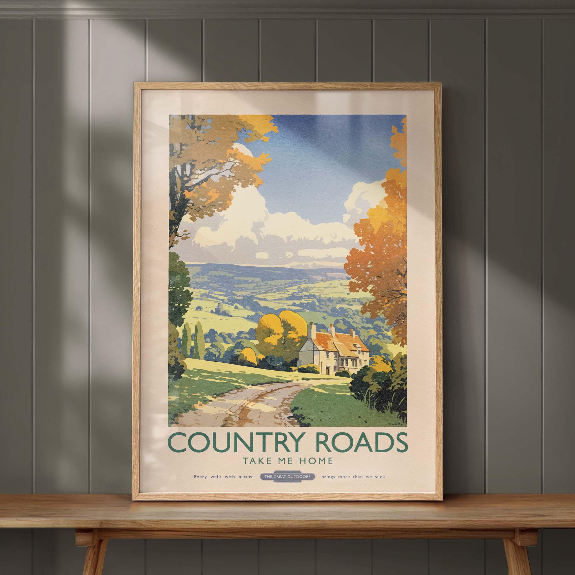 Country Roads Take Me Home, Retro 1930s Style Vintage Travel Poster ...