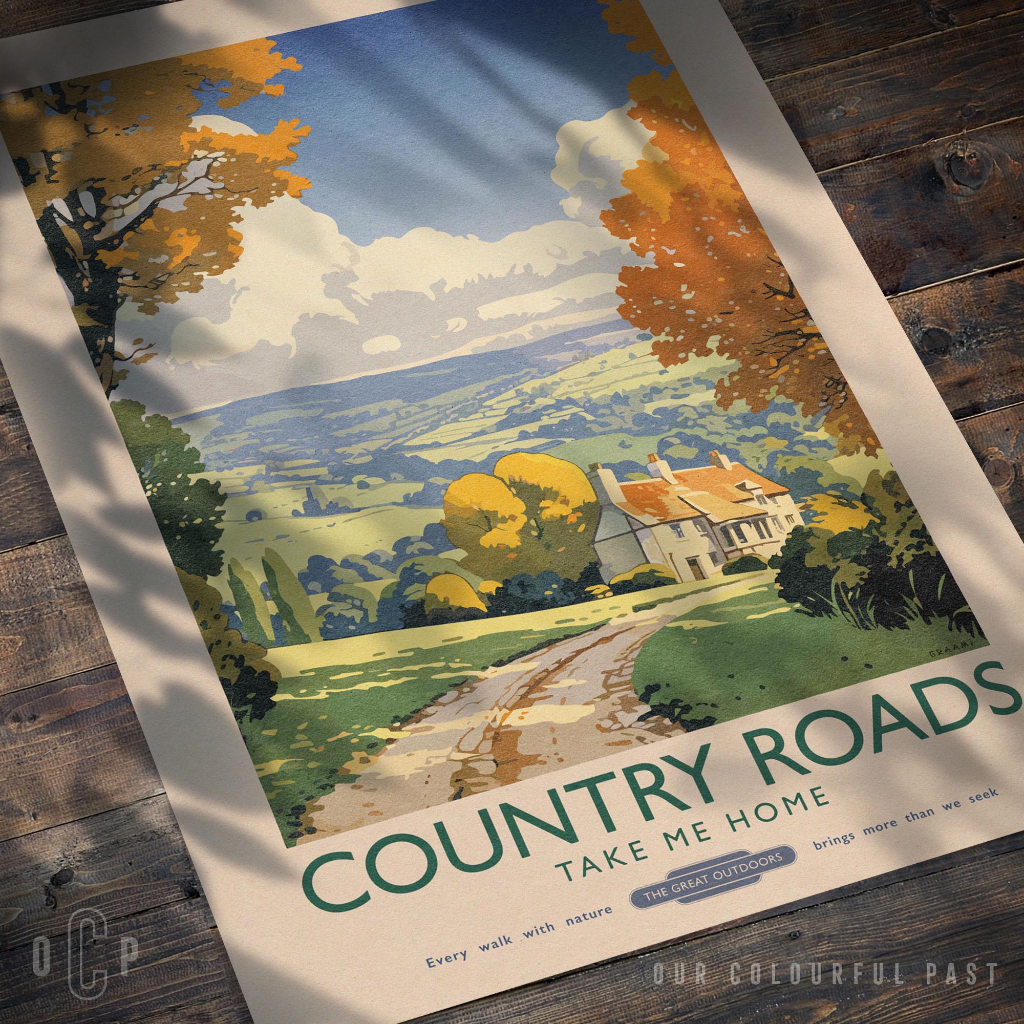 Country Roads Take Me Home, Retro 1930s Vintage Style Poster, Cottage ...