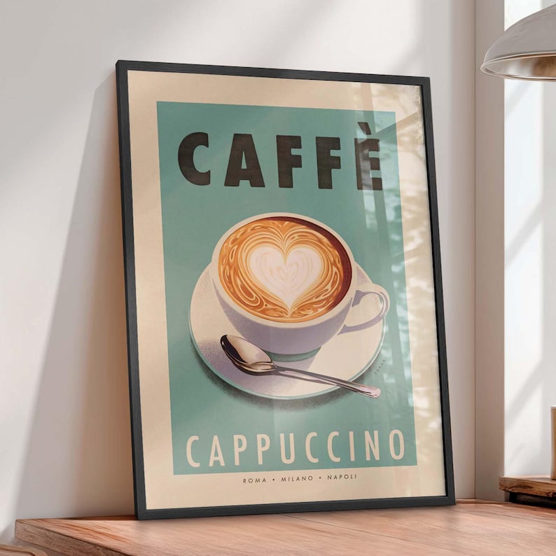 Cappuccino Coffee Print, Kitchen Wall Art: Vintage Style Italian Cafe ...
