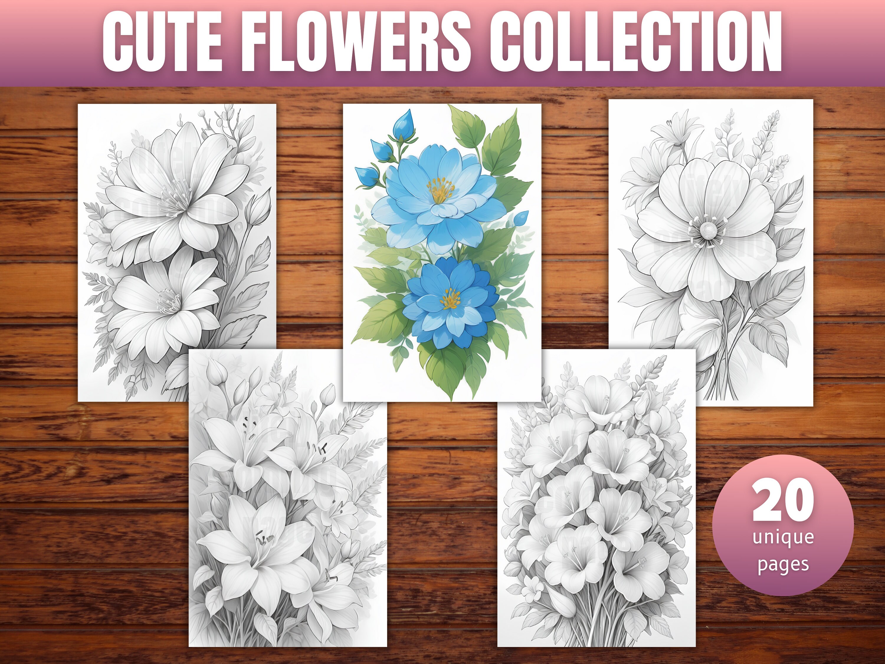 20 Flower Coloring Pages for Adults Kids Cute Floral Grayscale - Etsy