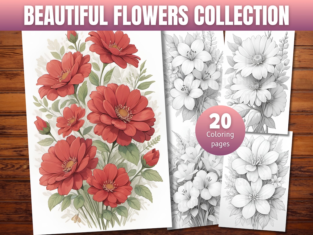 20 Flower Coloring Pages for Adults Kids Cute Floral Grayscale - Etsy