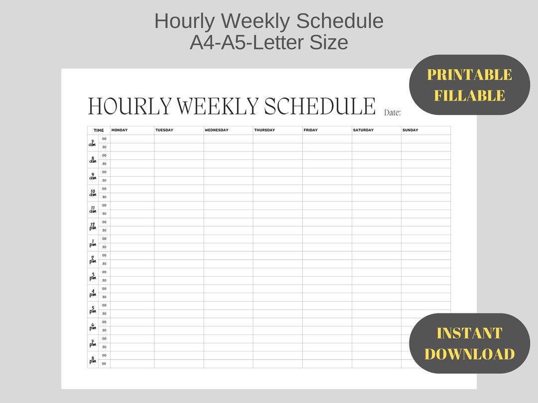 Hourly Weekly Schedule Landscape I Weekly Planner Printable I Week at a ...