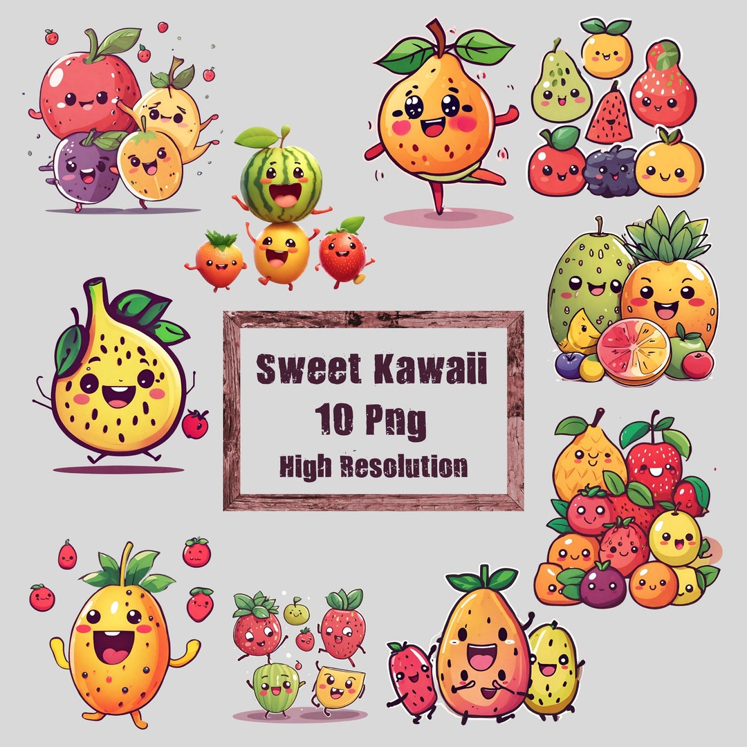 10 Cute Fruit Kawaii Png I Kawaii Fruit Printable Digital I Instant ...