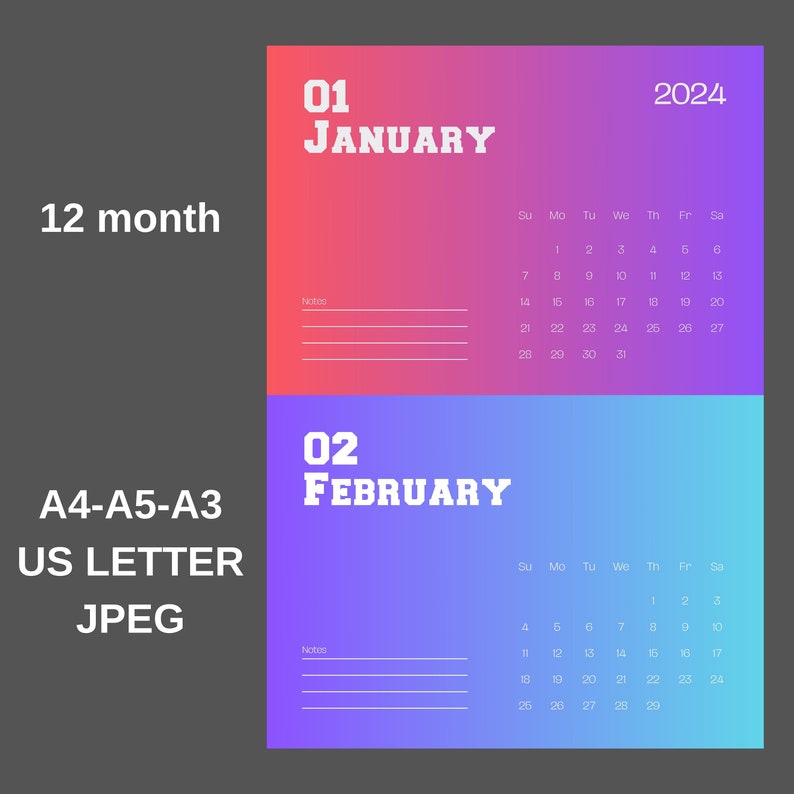 2024 Monthly Calendar Notes I Printable Calendar Template Etsy