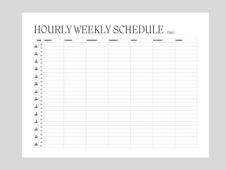 Hourly Weekly Schedule Landscape I Weekly Planner Printable I Week at a ...