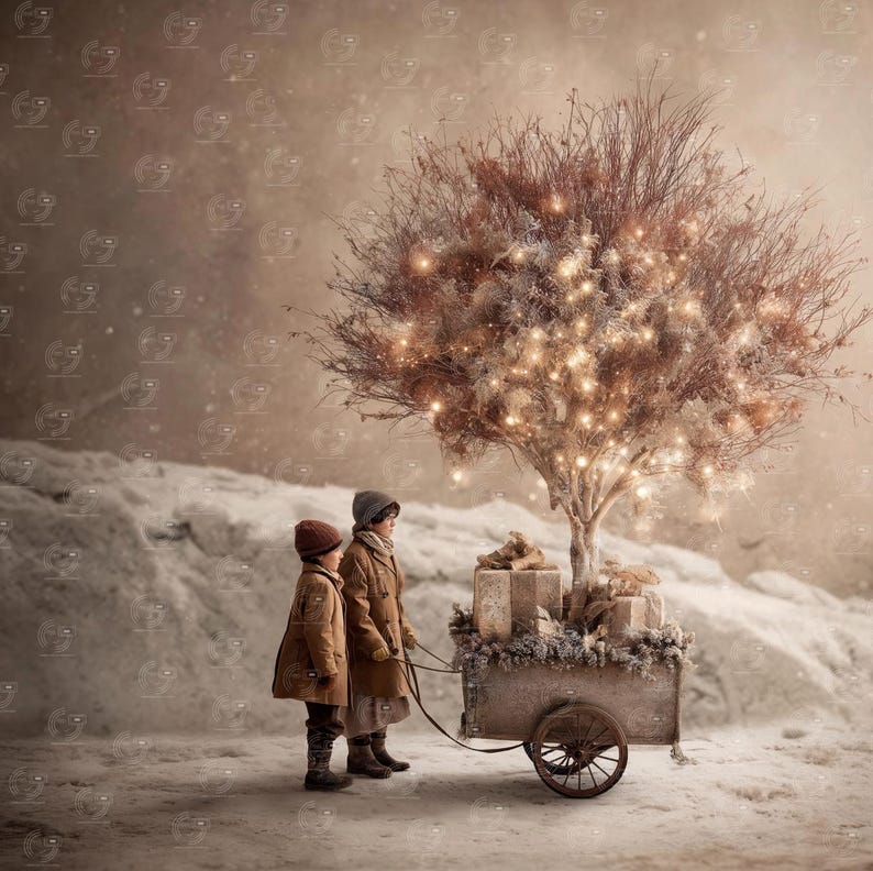 Christmas Tree Cart Digital Background • Winter Holiday Scene With ...
