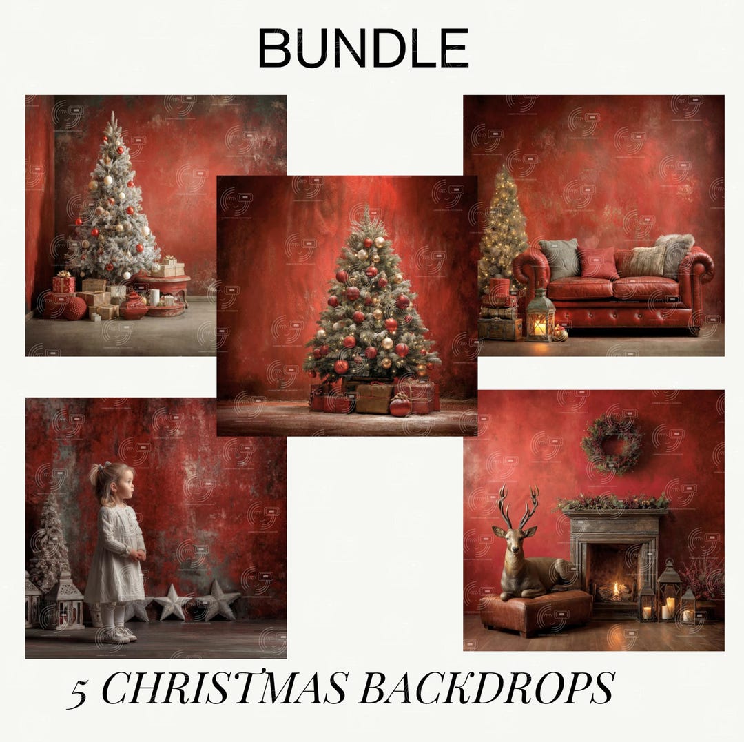 5 Red Christmas Digital Backdrops Bundle, Elegant Holiday Photo ...