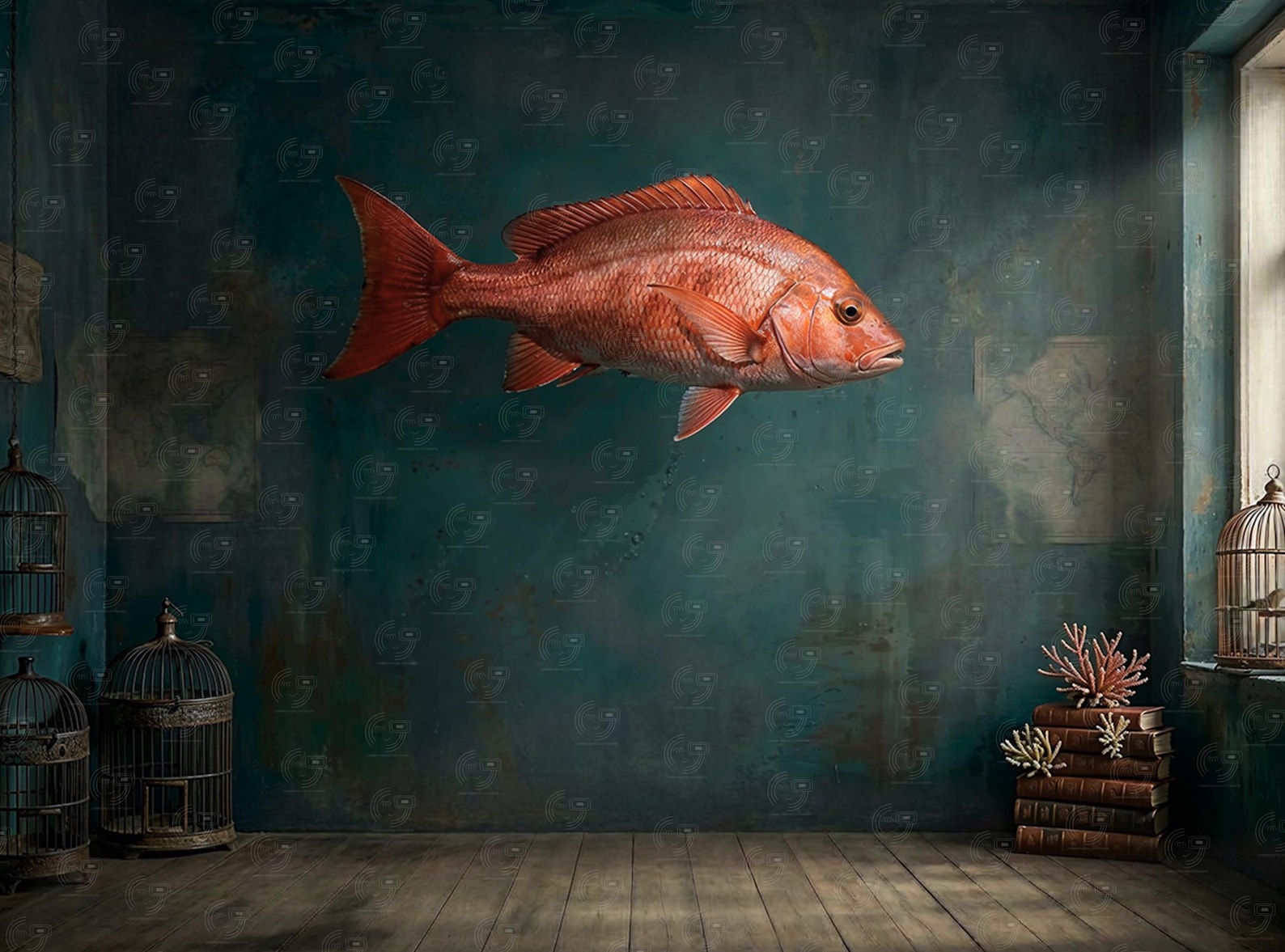 Surreal Red Snapper Digital Background, Teal Moody Coastal Room ...