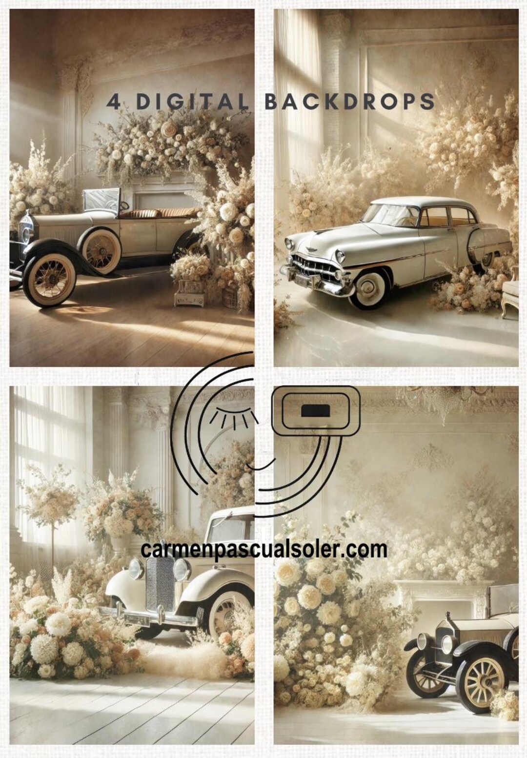 Set 4 Vintage Car Floral Backdrops Elegant Digital Backgrounds for ...