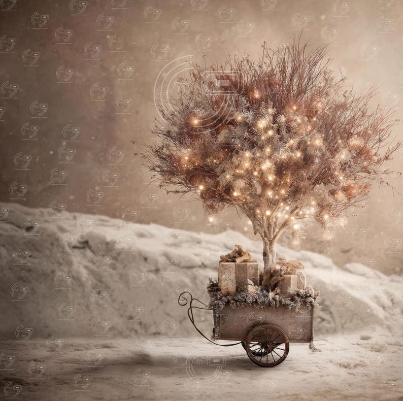 Christmas Tree Cart Digital Background • Winter Holiday Scene With ...
