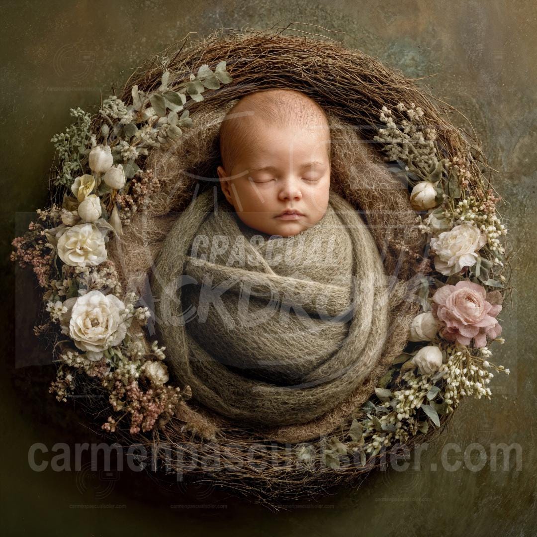 Rustic Nest Newborn Digital Backdrop With Floral Accents, Cozy Baby ...