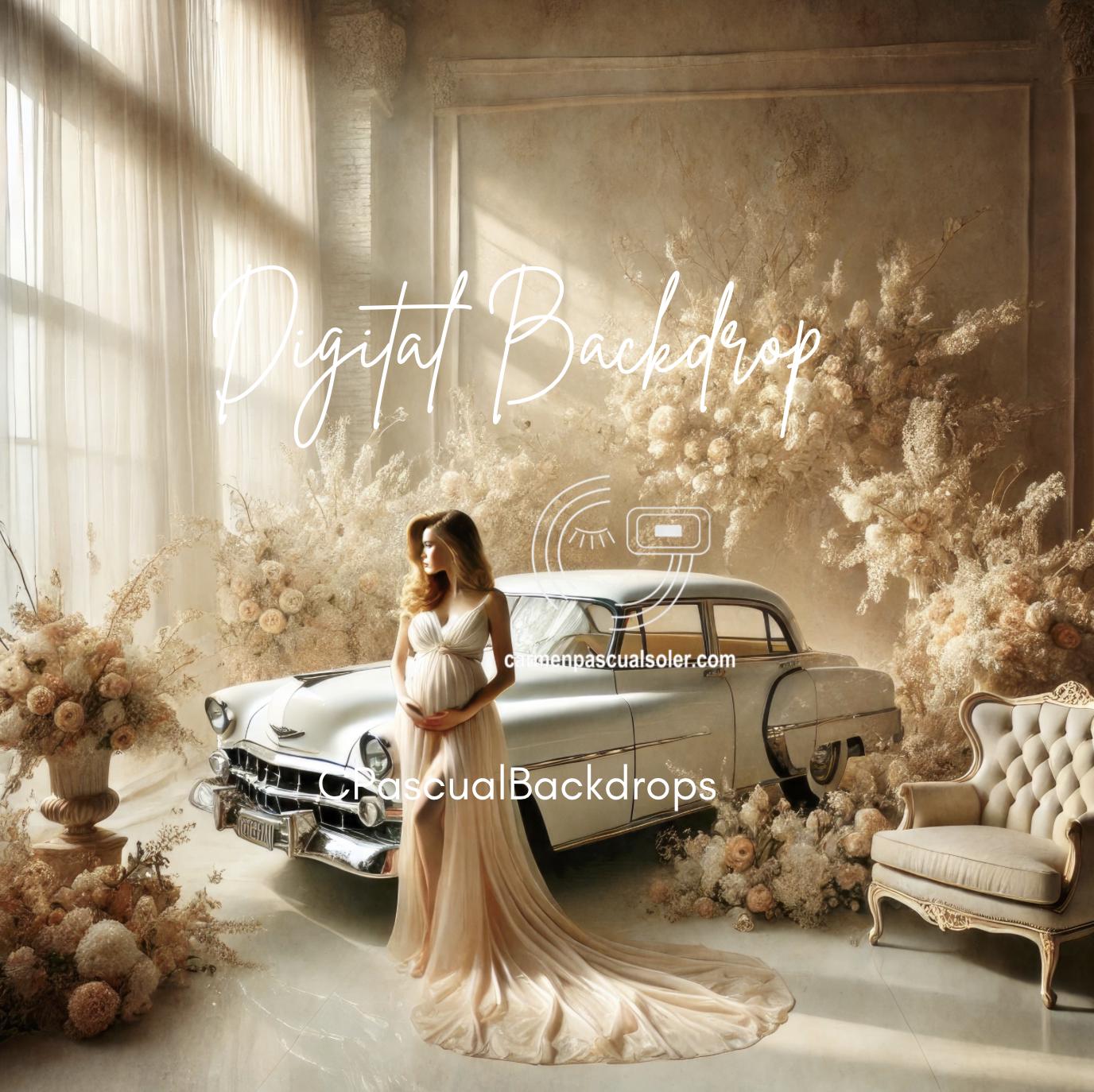 Set 4 Vintage Car Floral Backdrops Elegant Digital Backgrounds for ...