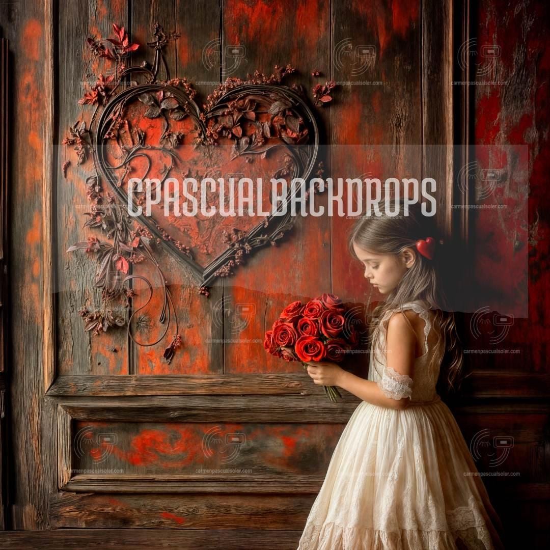 Rustic Red Heart Digital Backdrop - Vintage Wood Wall for Photography ...