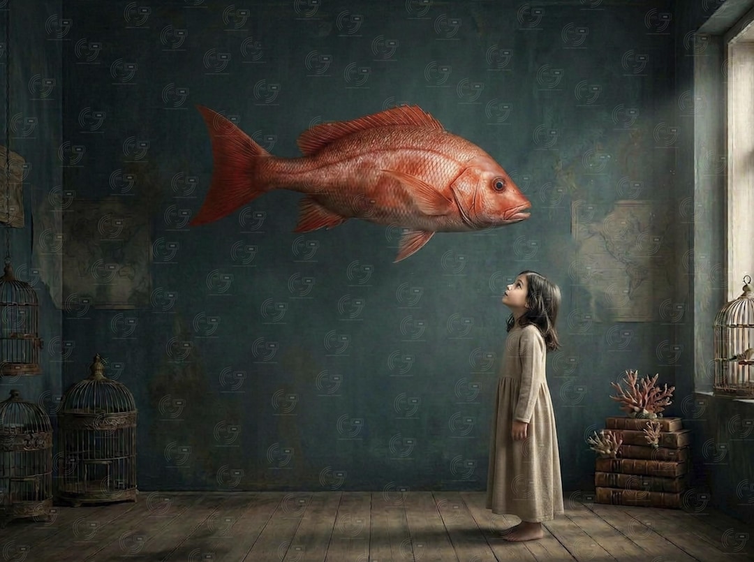 Surreal Red Snapper Digital Background, Teal Moody Coastal Room ...