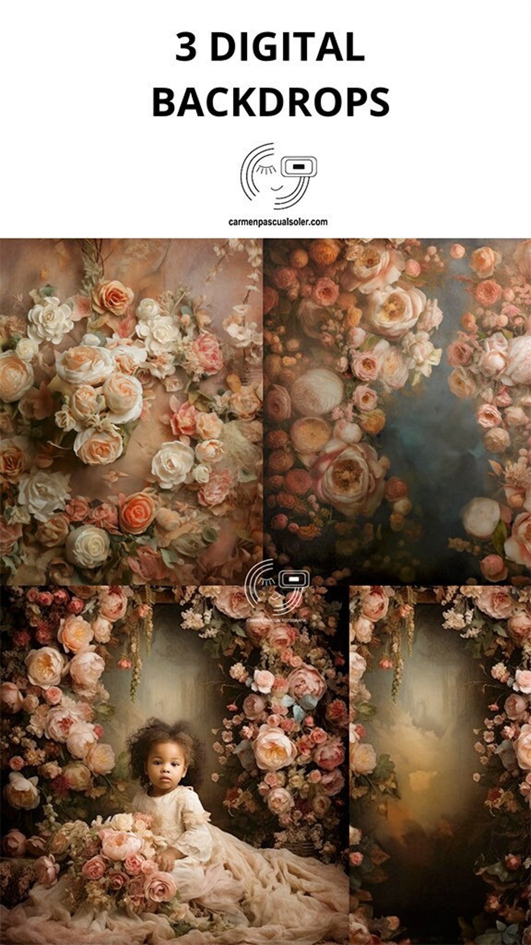 3 Bundle, Floral Baroque Fine Art Backdrops, Floral Fine Art Digital ...
