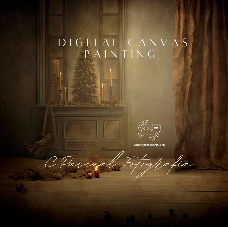 Festive Digital Background, Rustic Christmas Digital Backdrop With Curtain, Magical Xmas Tree ...