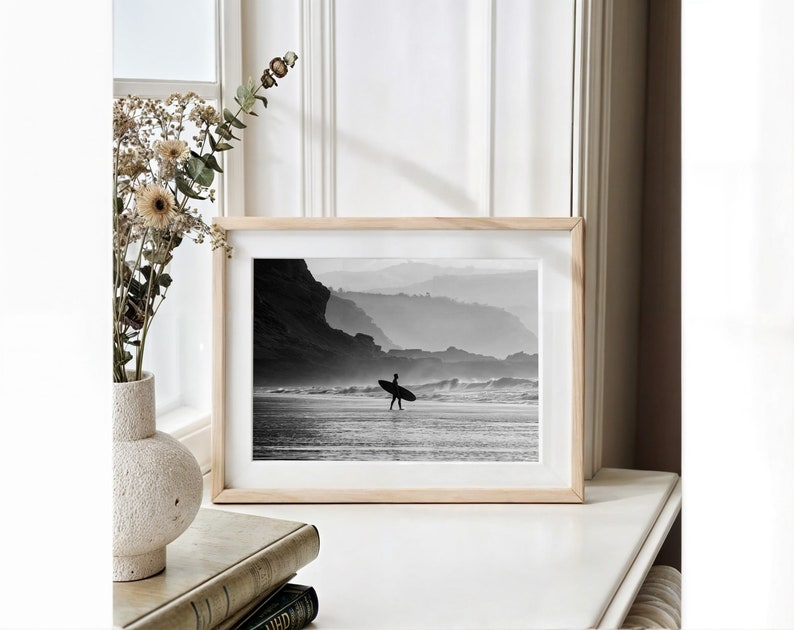 Minimalist Surf Print, Black and White Ocean Photography, Solo Surfer ...
