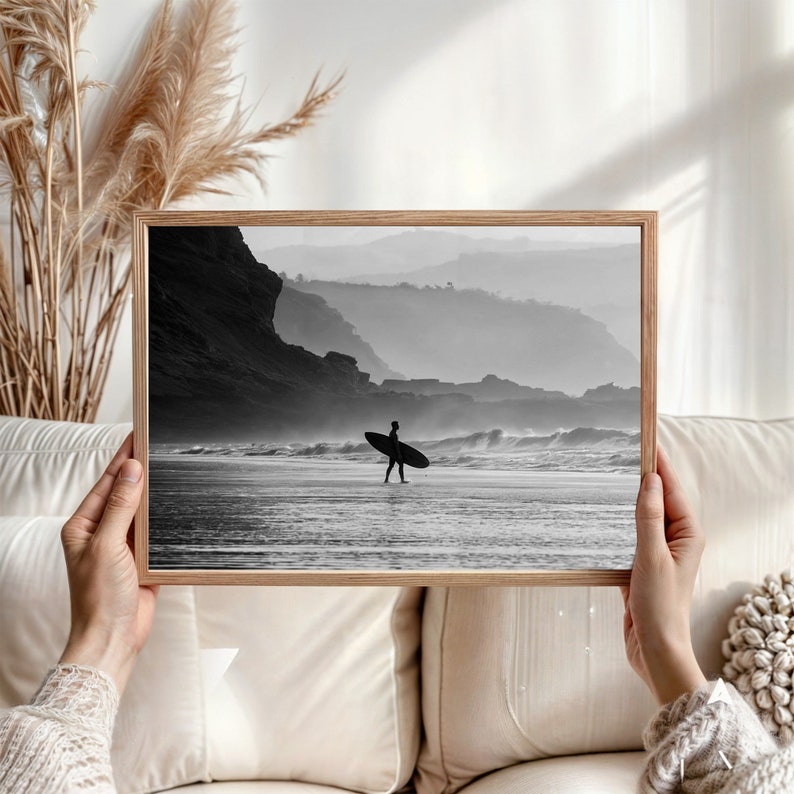 Minimalist Surf Print, Black and White Ocean Photography, Solo Surfer ...