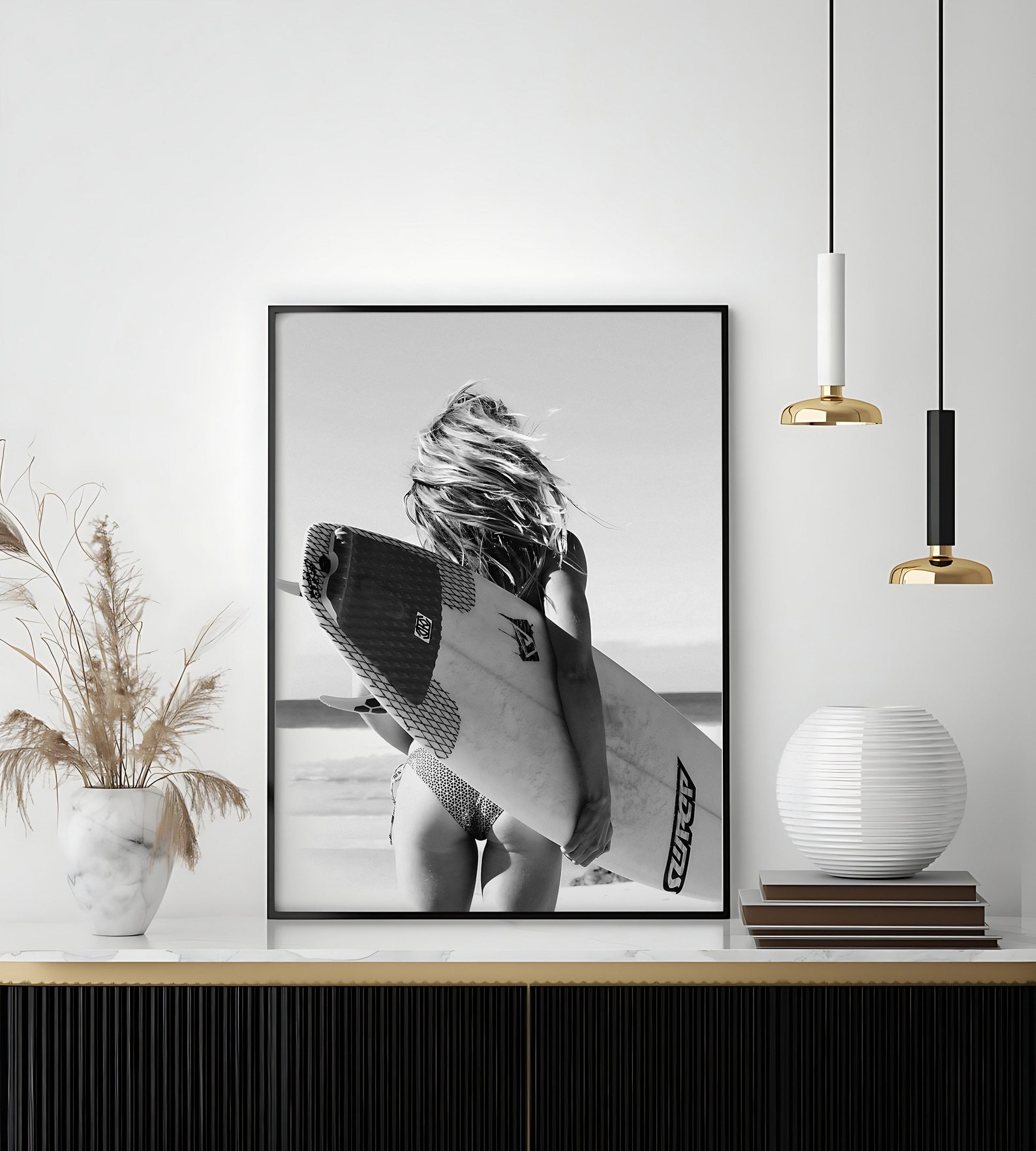 Surfer Girl Poster, Black and White, Digital Download, Vintage Surfer ...