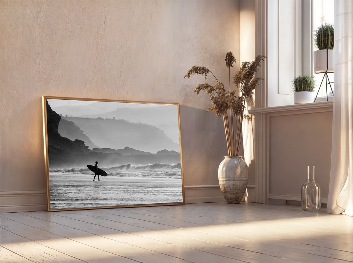 Minimalist Surf Print, Black and White Ocean Photography, Solo Surfer ...