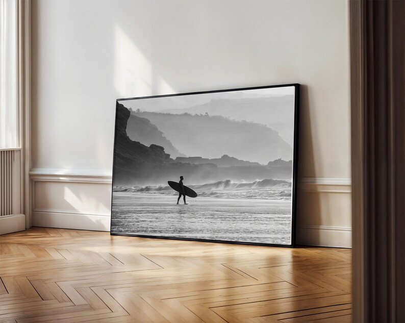 Minimalist Surf Print, Black and White Ocean Photography, Solo Surfer ...