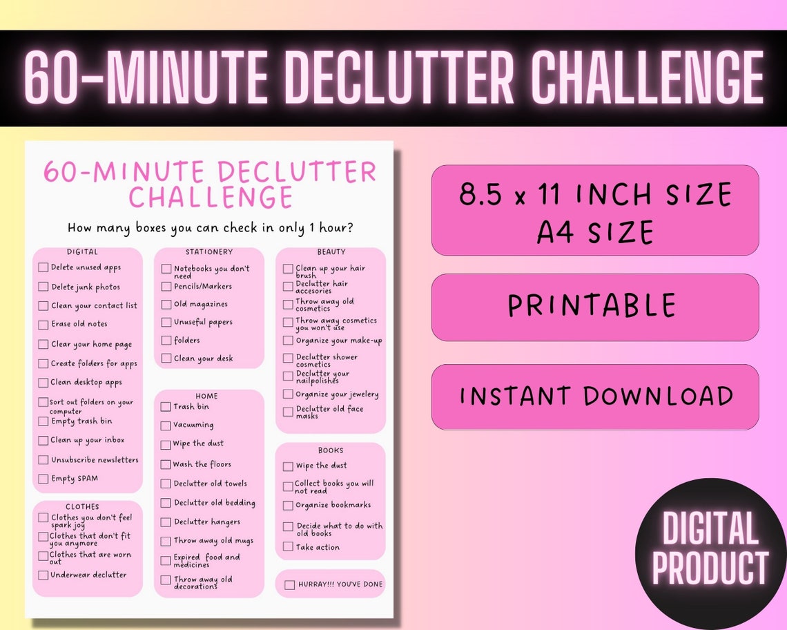 Printable, Declutter Challenge Checklist, Cleaning Planner ...