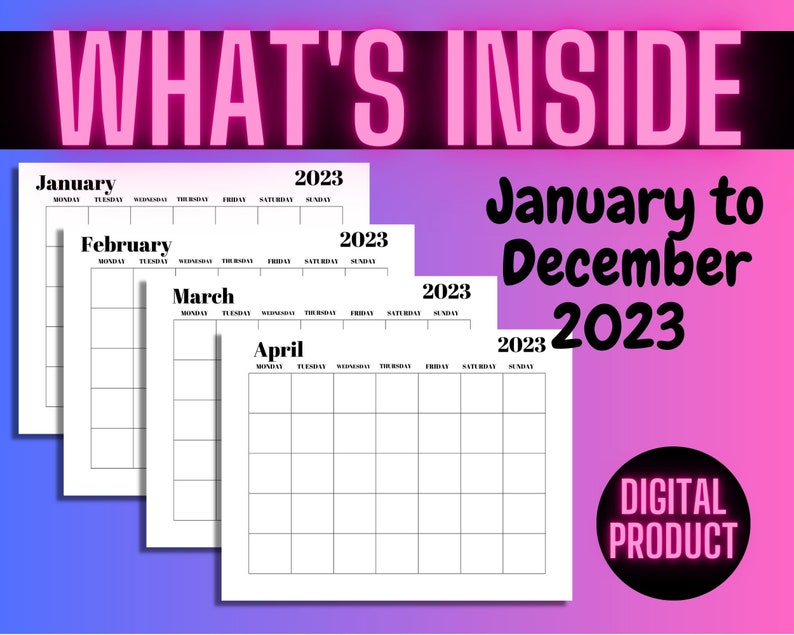 Blank Monthly Calendar 2023, Calendar 2023, Undated Calendar, Printable ...