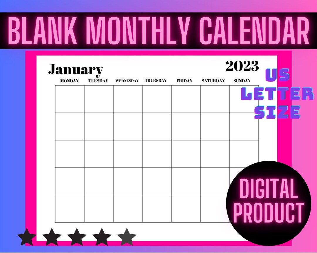 Blank Monthly Calendar 2023, Calendar 2023, Undated Calendar, Printable ...