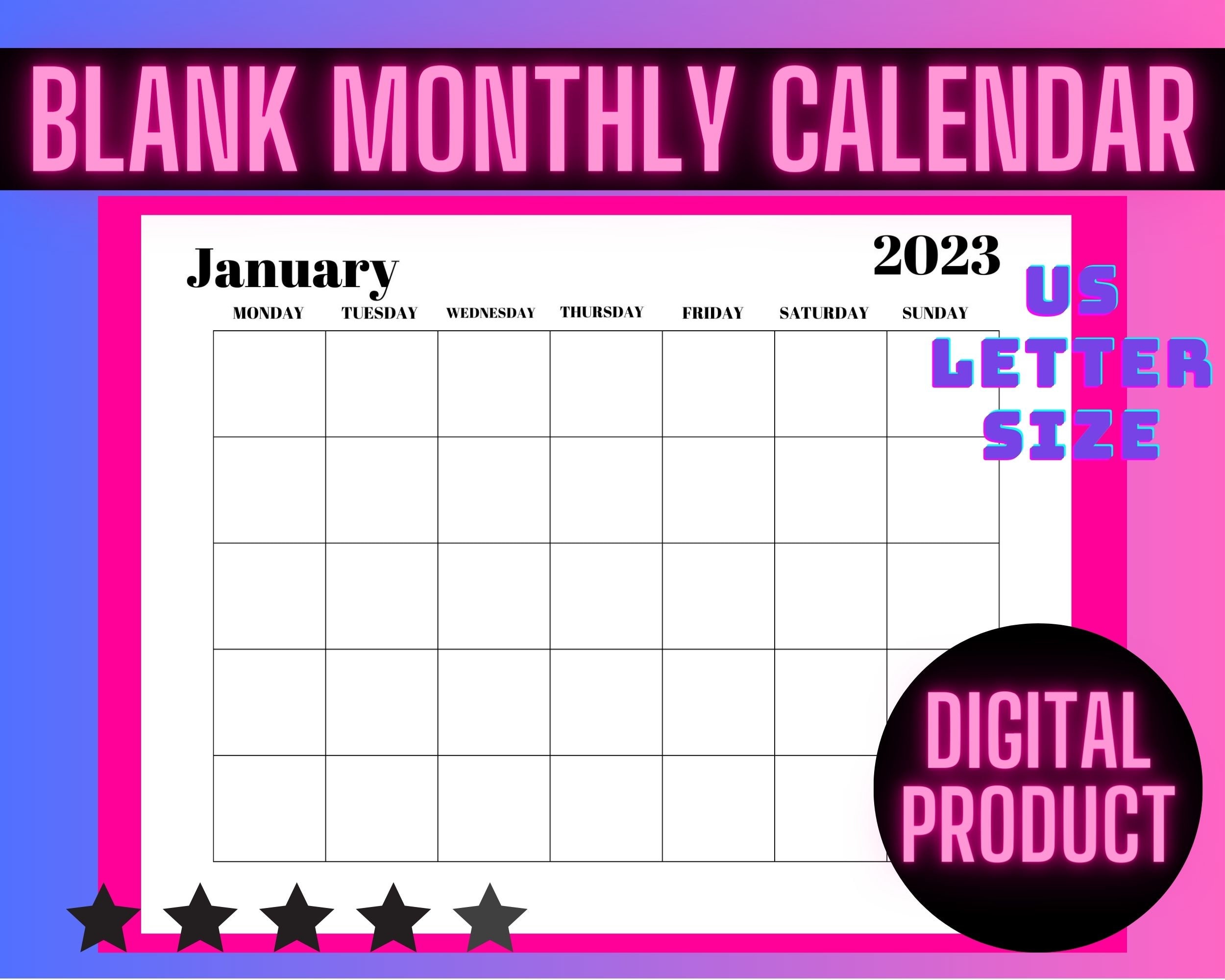 Blank Monthly Calendar 2023, Calendar 2023, Undated Calendar, Printable ...