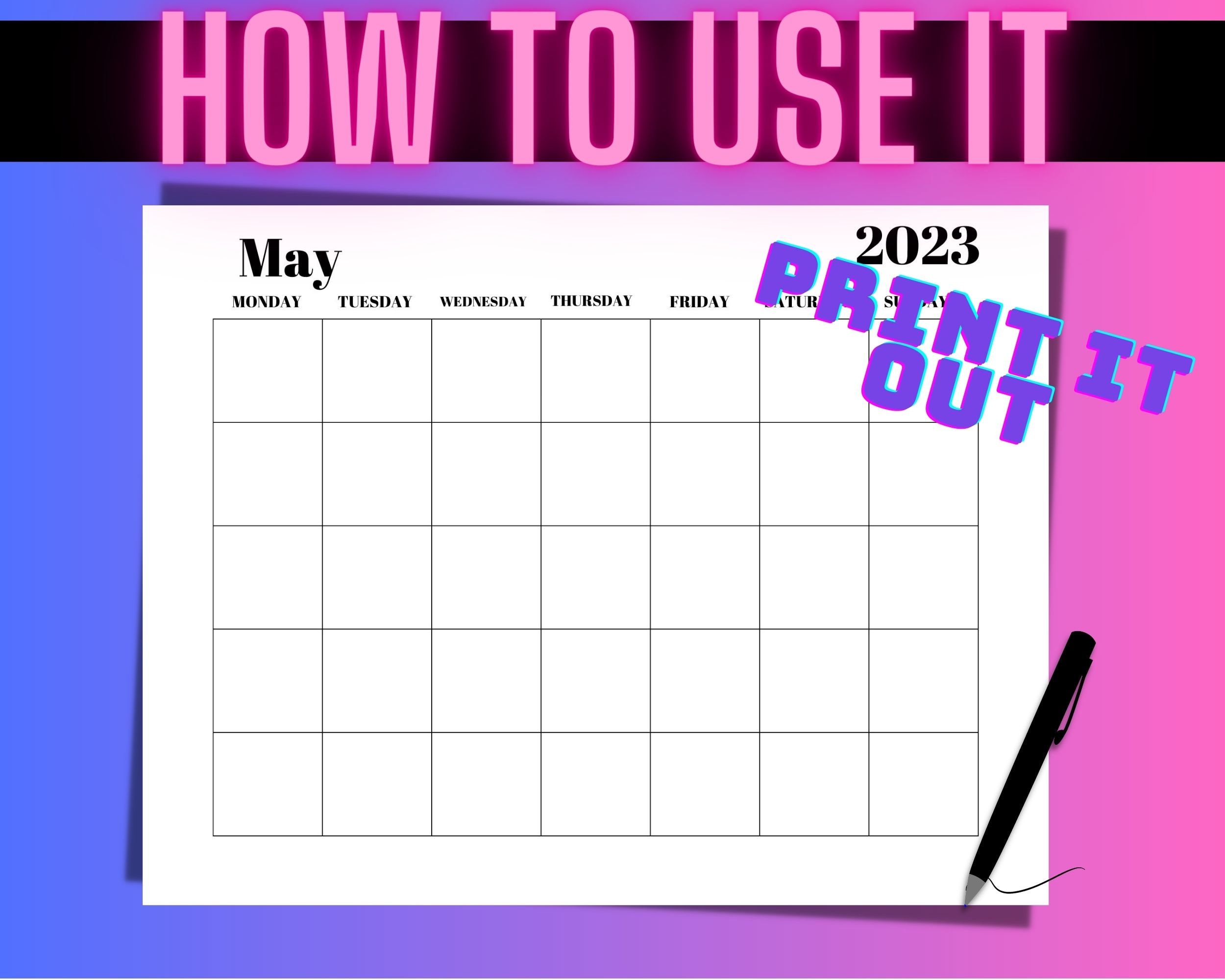 Blank Monthly Calendar 2023, Calendar 2023, Undated Calendar, Printable ...