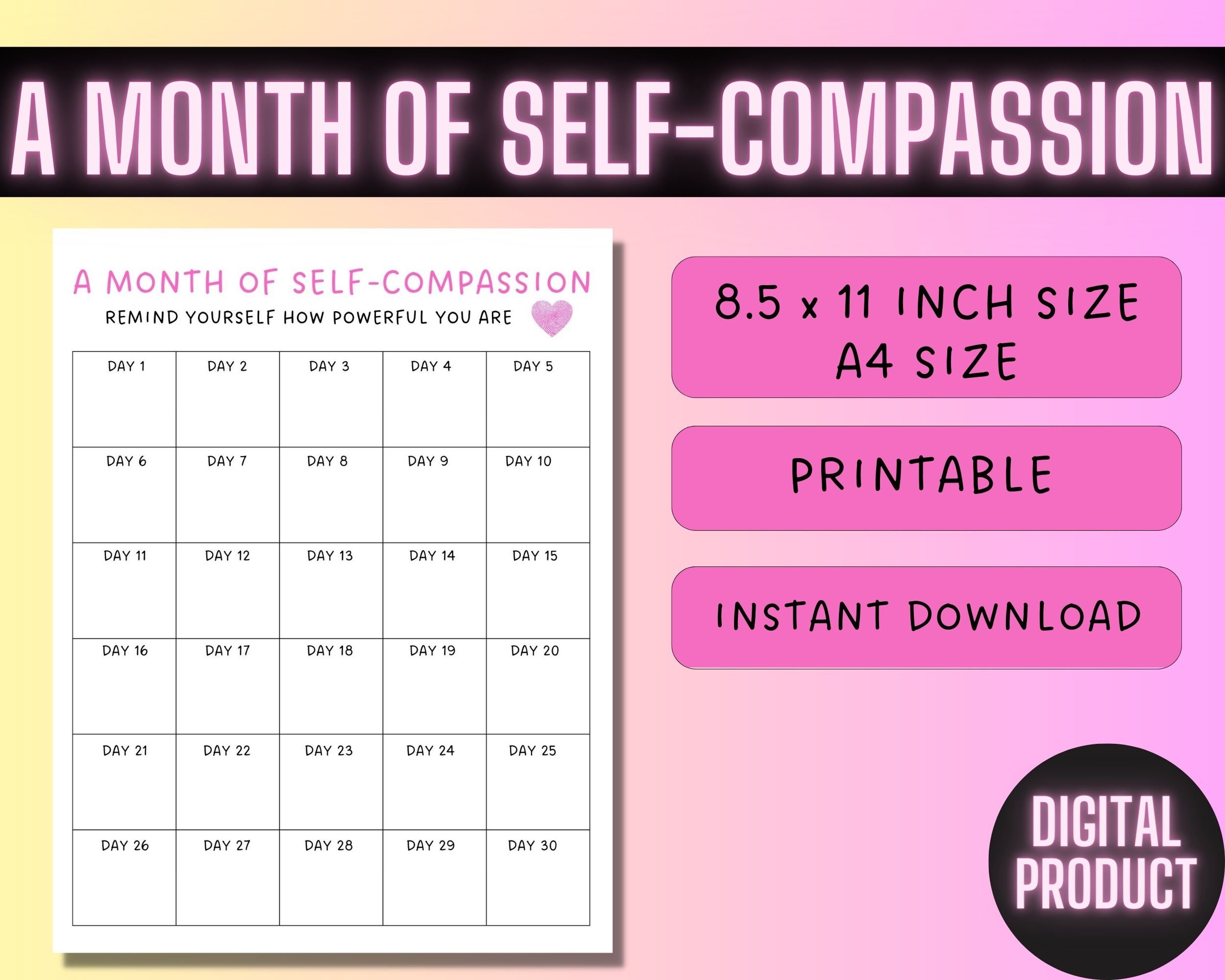 Printable Self-compassion Workbook Self-compassion Calendar - Etsy