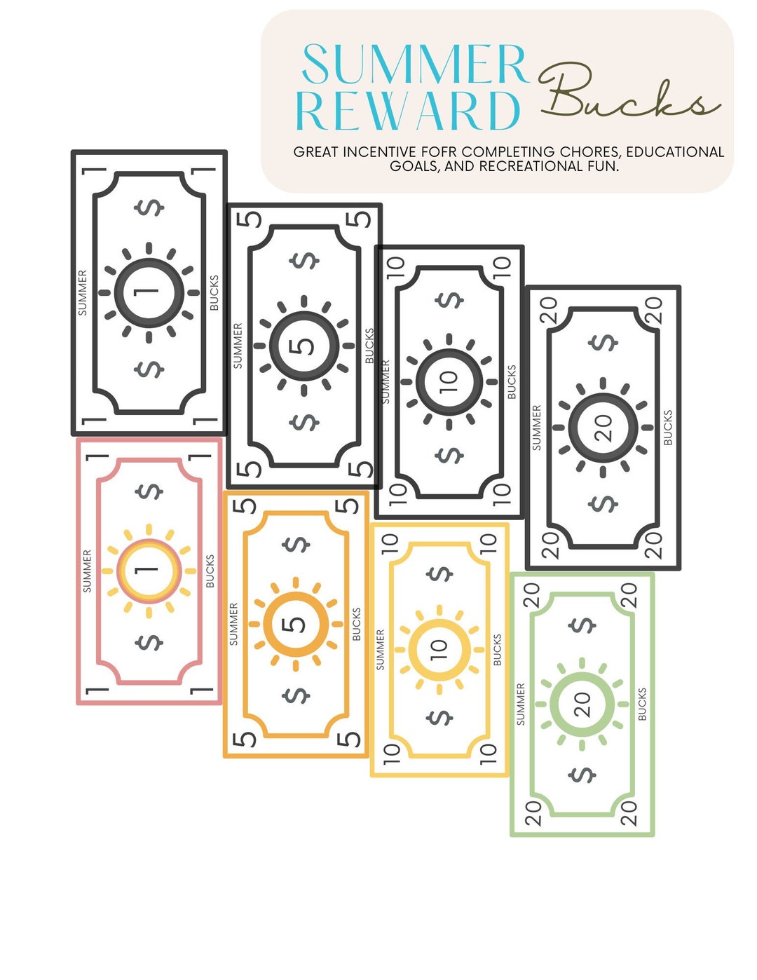 Summer Reward Bucks-great Incentive for Kids During Summer! - Etsy